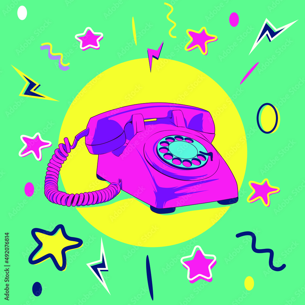 The 80s and 90s Classic phone with funky colorful design style textures ...