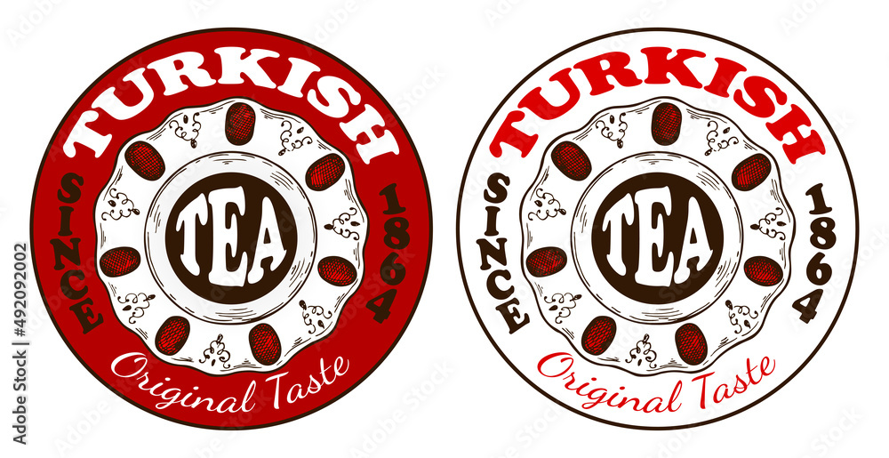 Turkish tea badges isolated on white background. Sketch drawing logo ...