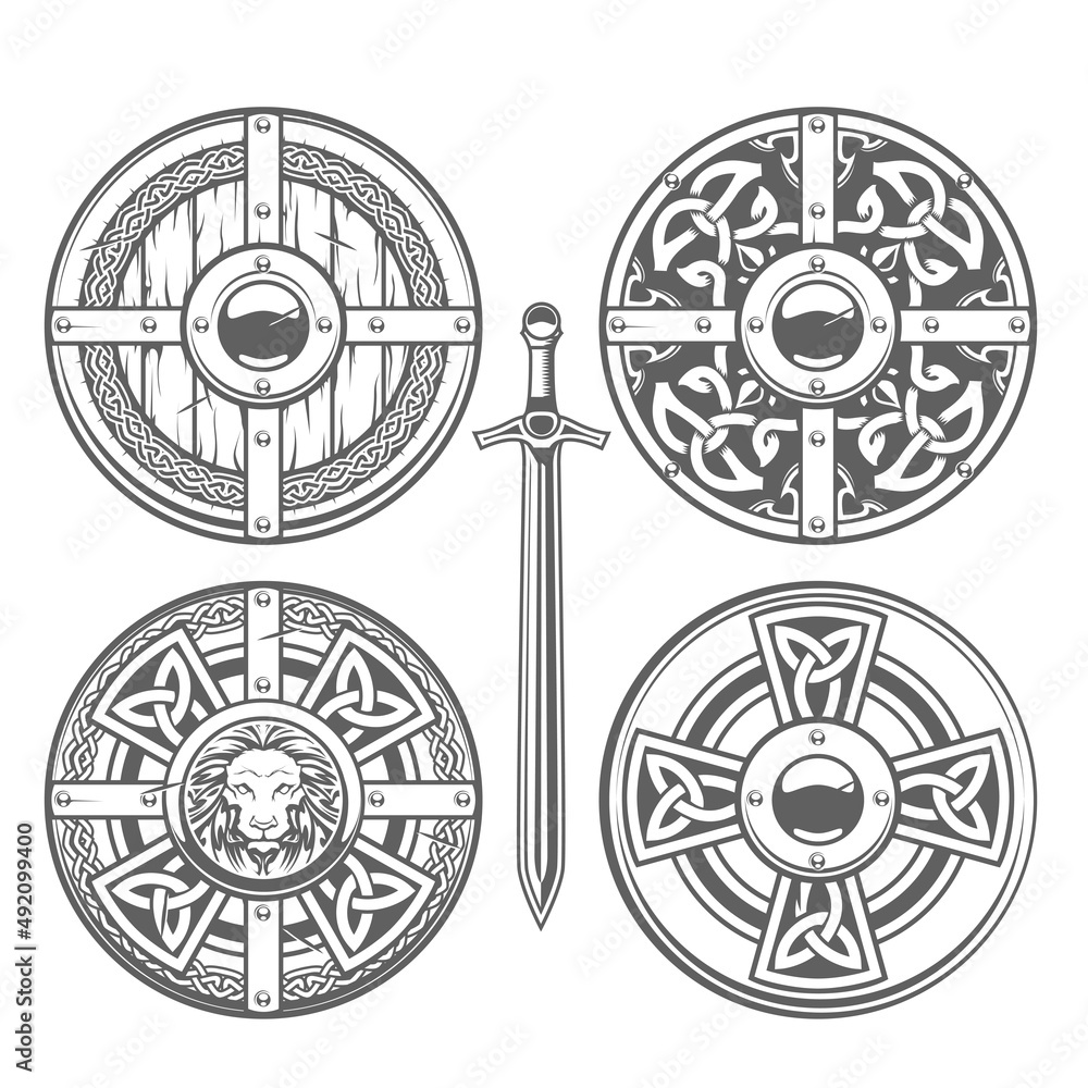 Set of round shields with celtic pattern and medieval ornaments, knight ...