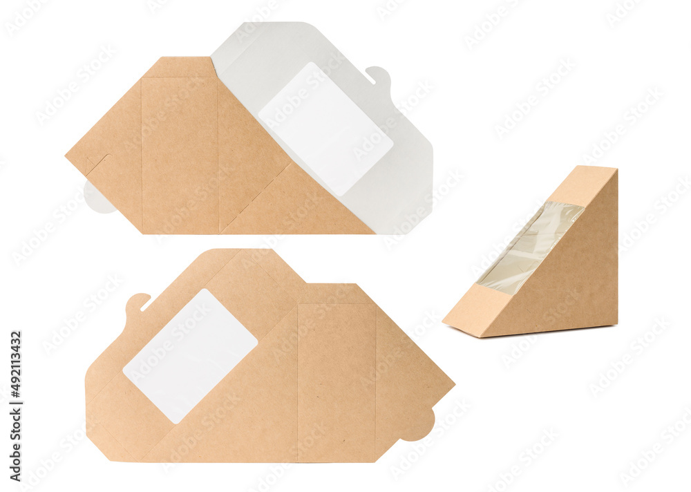 Triangular paper container for a sandwich and a folded blank on a white ...