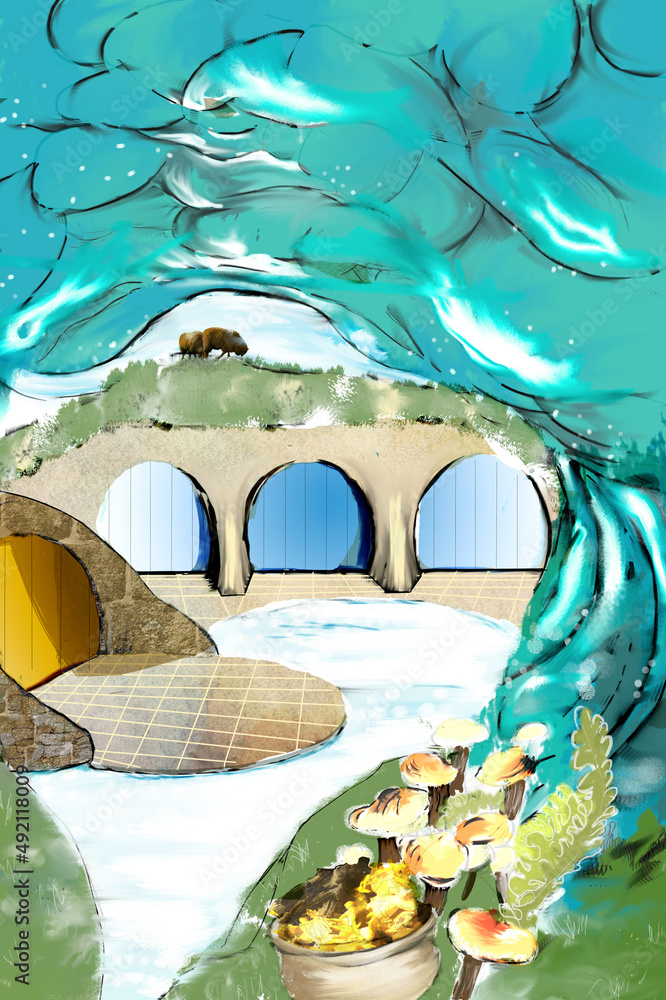 Underground house with rooftop sheep Stock Illustration | Adobe Stock