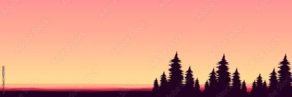 landscape with pine tree silhouette flat design vector banner template ...