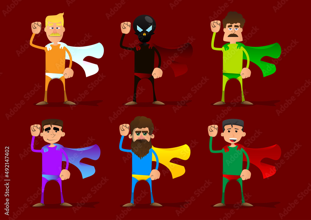 Funny cartoon man dressed as a superhero making power to the people ...