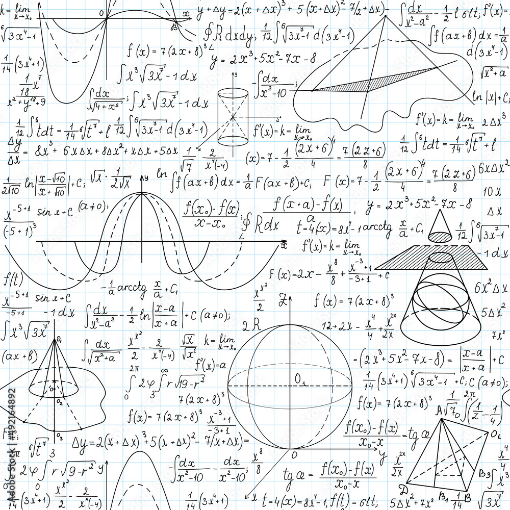 Mathematical vector seamless pattern with figures, plots and ...