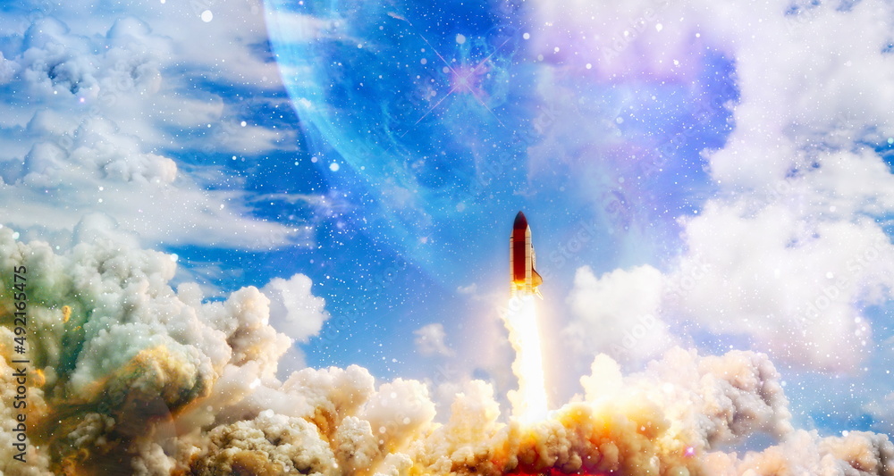 Spaceship flight. Starry sky and blue galactics. View on space shuttle ...
