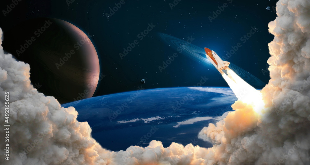 Spaceship flight. Starry sky and blue galactics. View on space shuttle ...