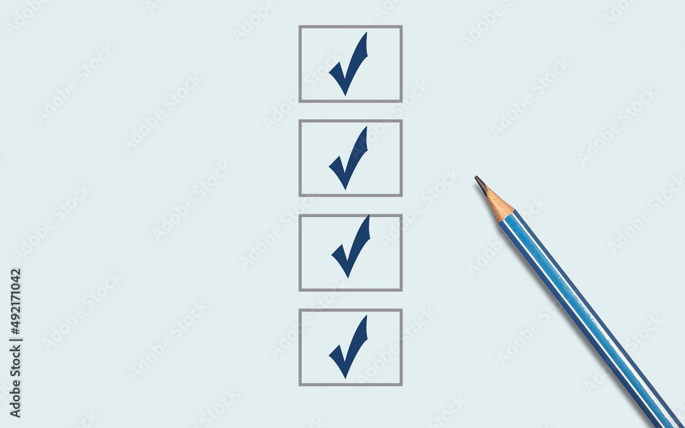 marking on checklist box. Checklist concept, blue pencil with copy ...