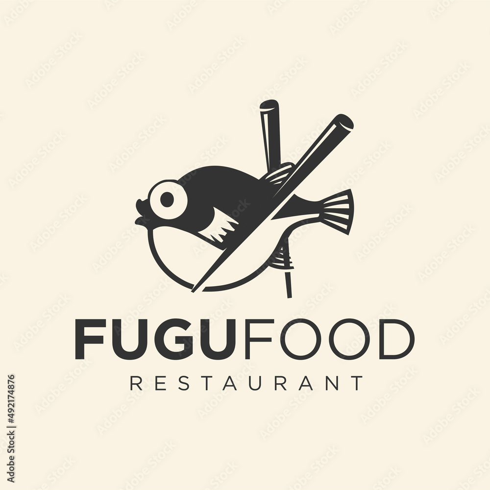 Puffer Fish Chopsticks Logo Japanese Food. Fugu Sushi Logo Template ...
