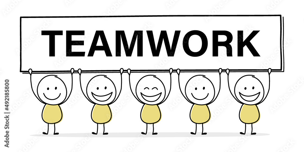 Smiley cartoon caricature with text on a board - teamwork. Business ...