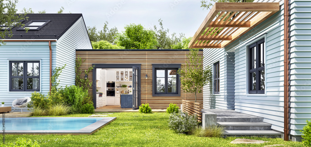 Beautiful house with a cozy patio area and swimming pool Stock Photo ...