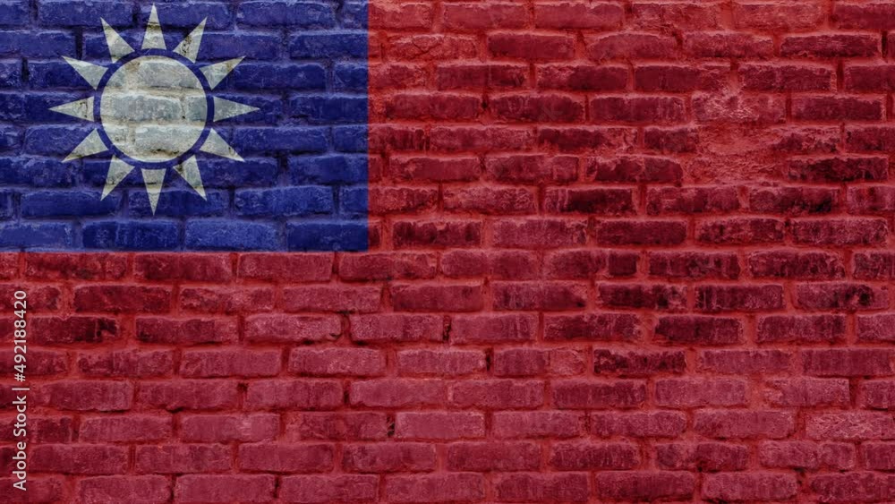 Flag of Taiwan on brick wall background on town street. Exterior old ...
