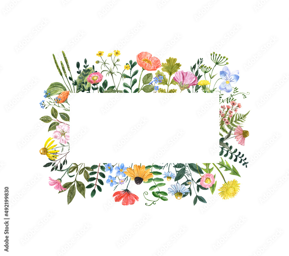 Rectangle wildflowers frame. Bright colorful summer flowers, grass ...