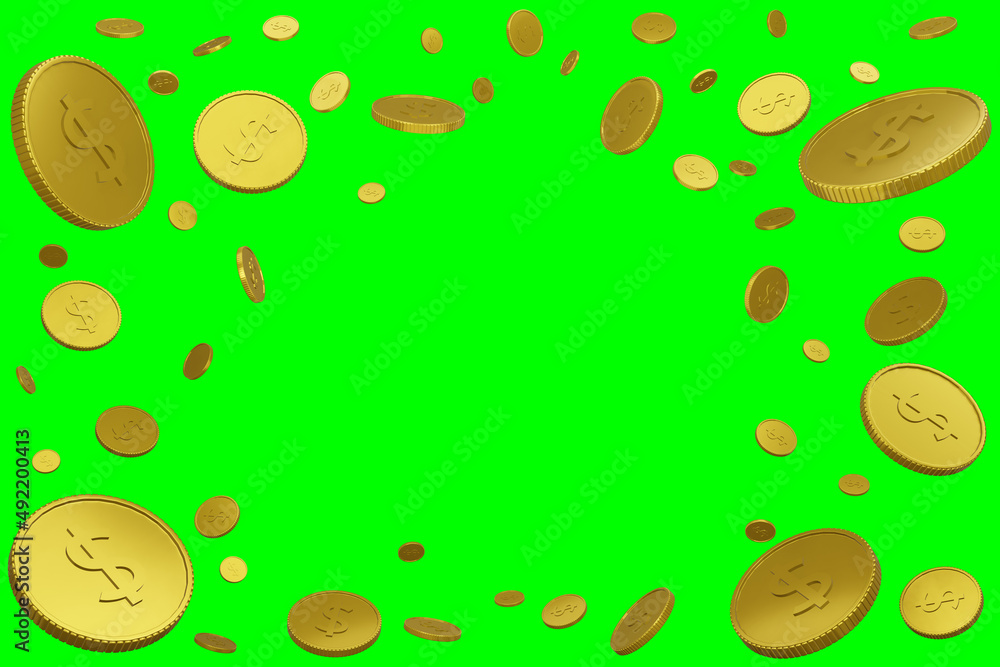 3D rendering of Dollar gold coins fall on green screen background with ...
