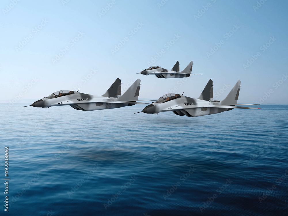 3 render three fighter jets flying in one direction war training ...