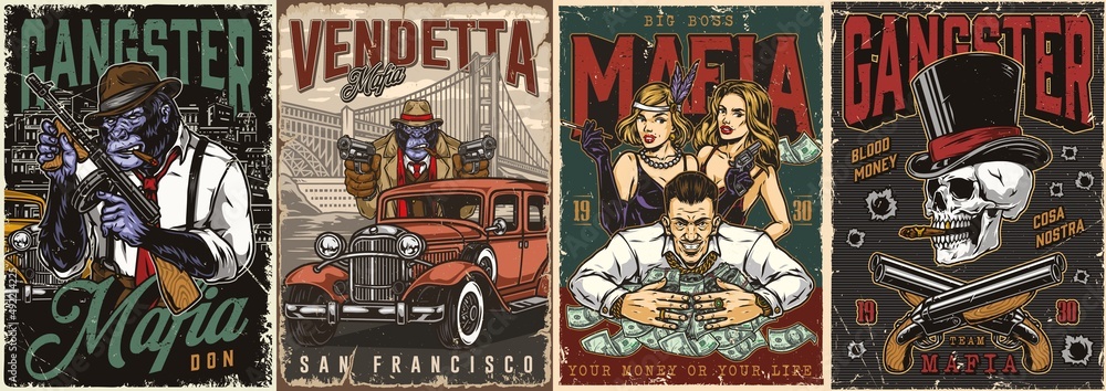 Colorful mafia vintage posters set Stock Vector | Adobe Stock