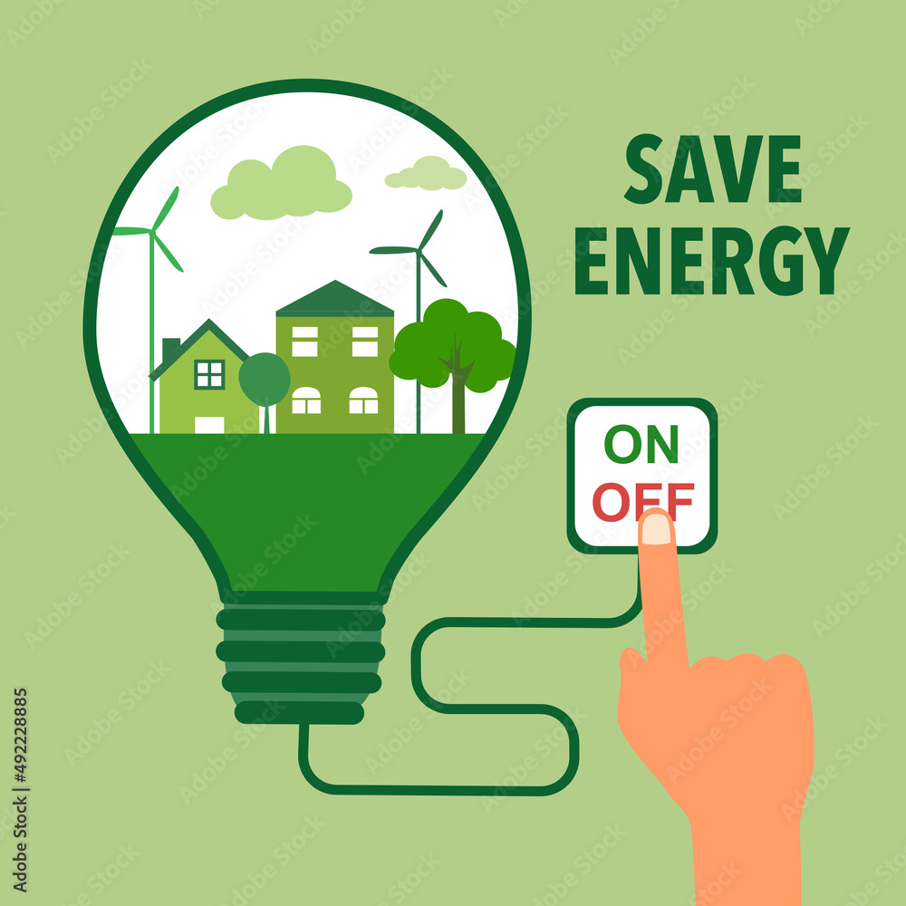 Save Energy Concept Vector Illustration On Green Background Eco City Save Energy Concept Vector Illustration On Green Background Eco City