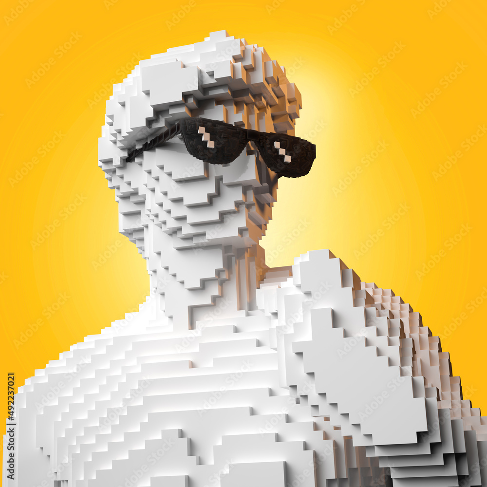 Pixelated Michelangelo's David statue with black sunglasses, voxel ...