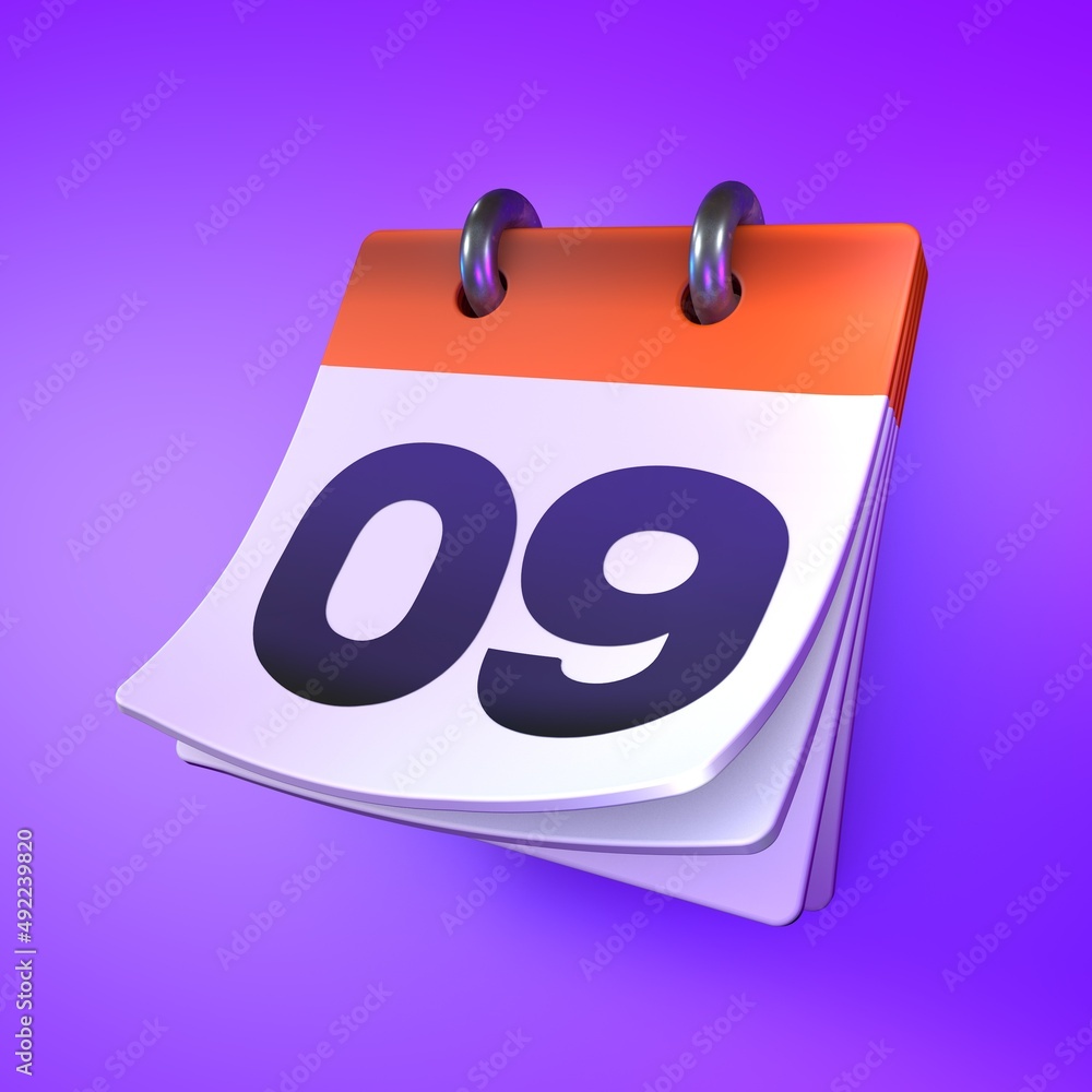 Standing calendar with date. Day 9 Modern 3d design rendering. Stock ...