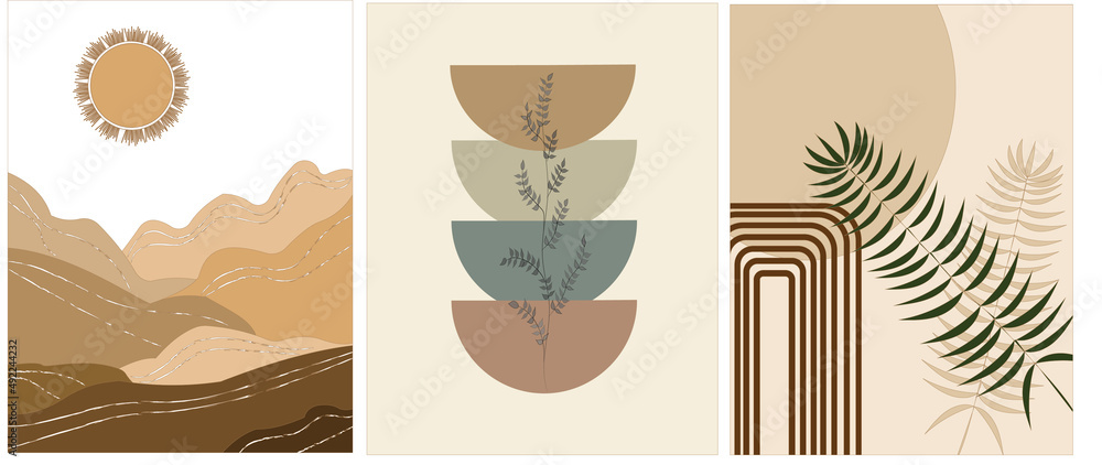 An abstract set of drawings with elements of nature in the boho style ...