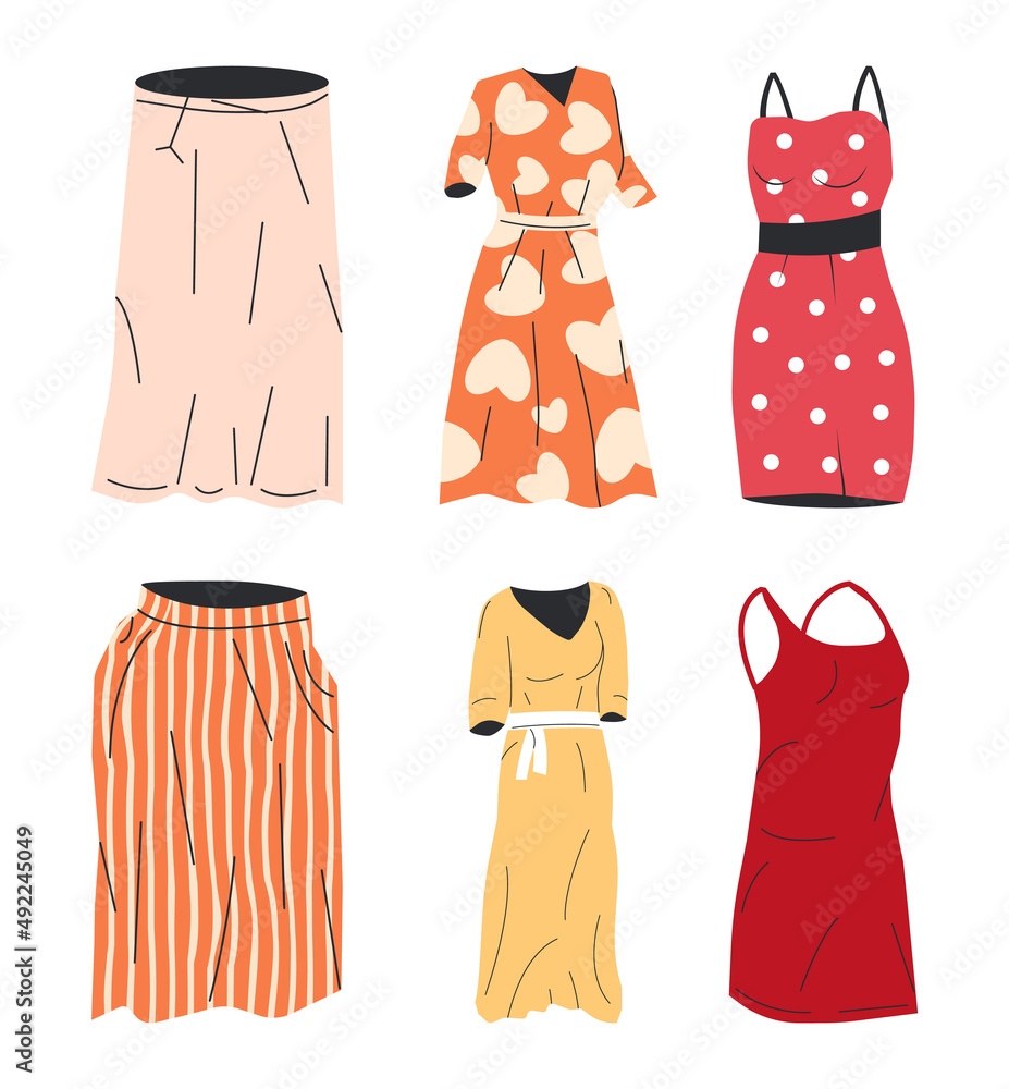 Different Women Dresses Isolated. Trendy Female Dress Set. Caftan ...