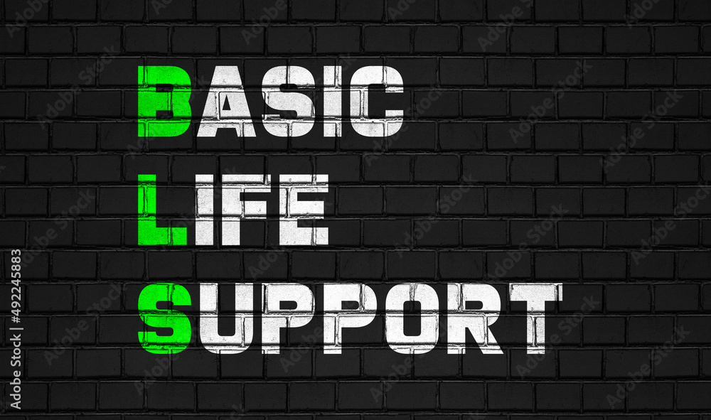 Basic life support(BLS) concept,healthcare abbreviations on black wall ...