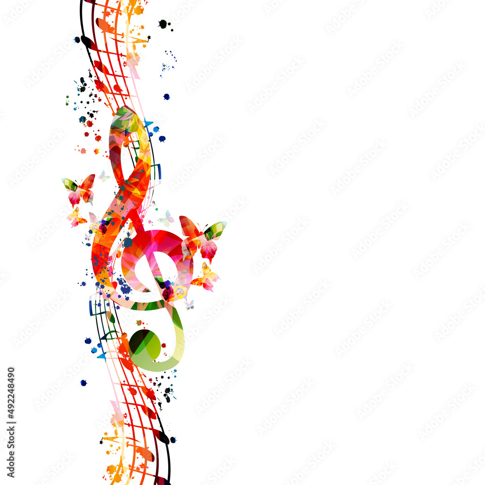 Colorful musical promotional poster with musical notes, staff and G ...