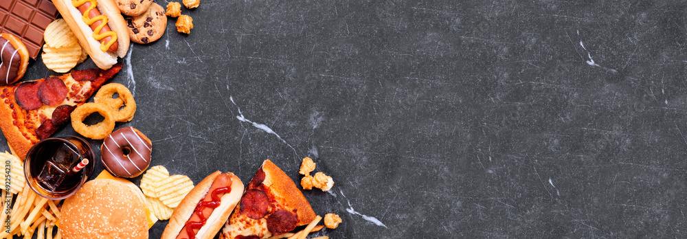 Junk food corner border over a dark banner background. Collection of ...
