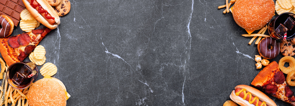 Junk food double border over a dark banner background. Selection of ...