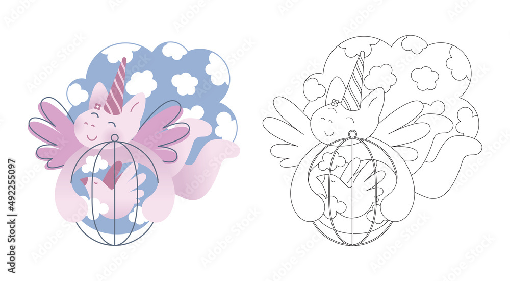 Coloring page with the fairy unicorn. Cartoon fantasy creature. Cute ...