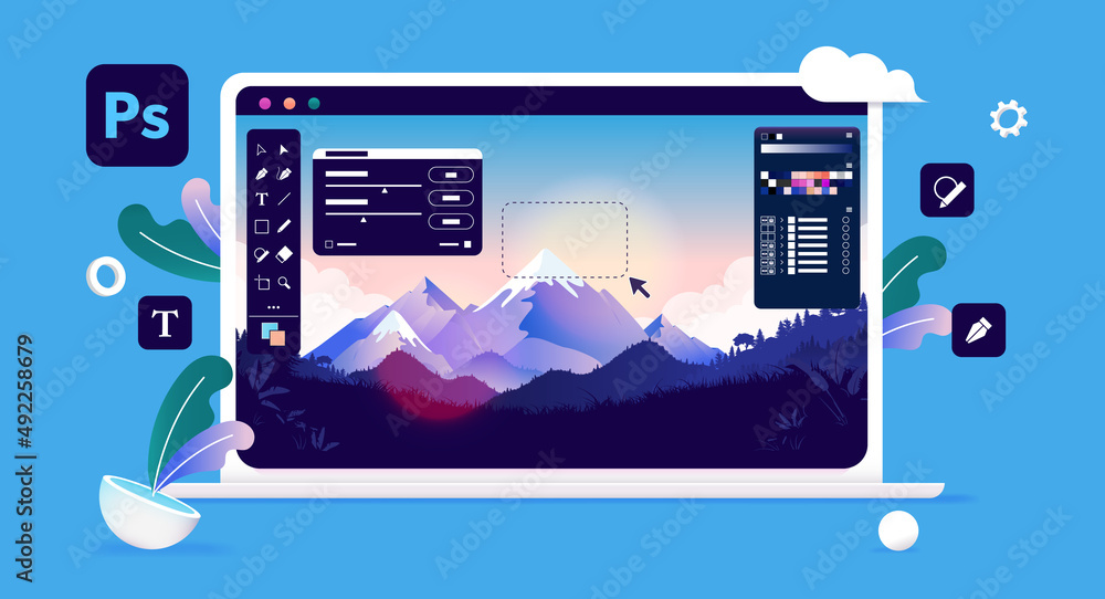 Adobe Photoshop software on laptop computer screen vector illustration ...