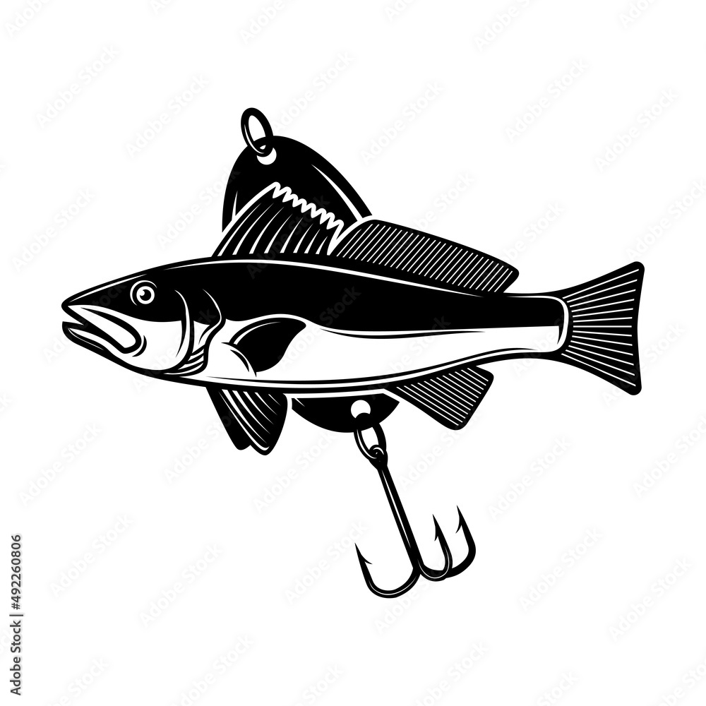 Cod and fishing hook. Design element for emblem, sign, badge, logo ...