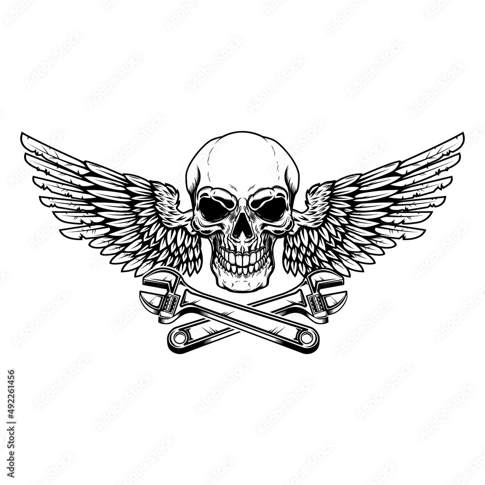 Winged skull with crossed wrenches. Design element for emblem, sign ...