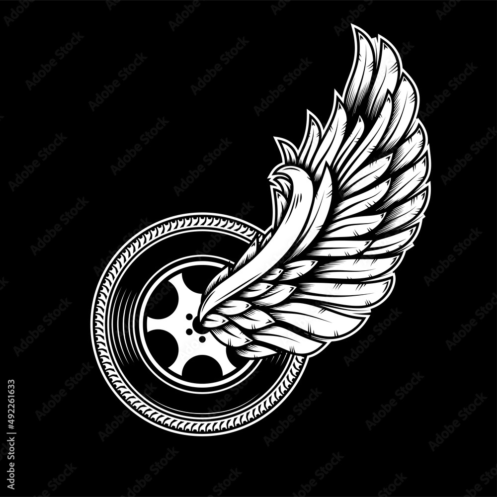 Winged wheel in monochrome style. Design element for logo, label, sign ...