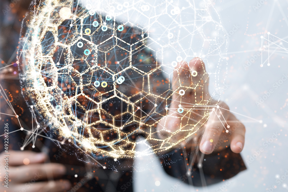 Global network. Blockchain. 3D illustration. Neural networks and ...