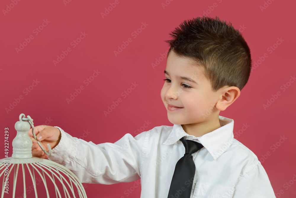 4-year-old boy portrayed with gestures in studio with color background ...