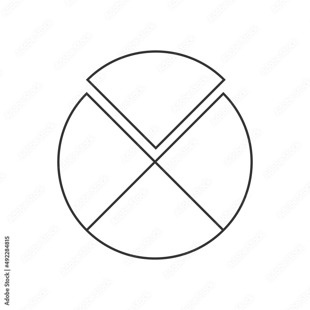 Circle divided into 4 segments. Pie or pizza shape cut in four equal parts in outline style ...