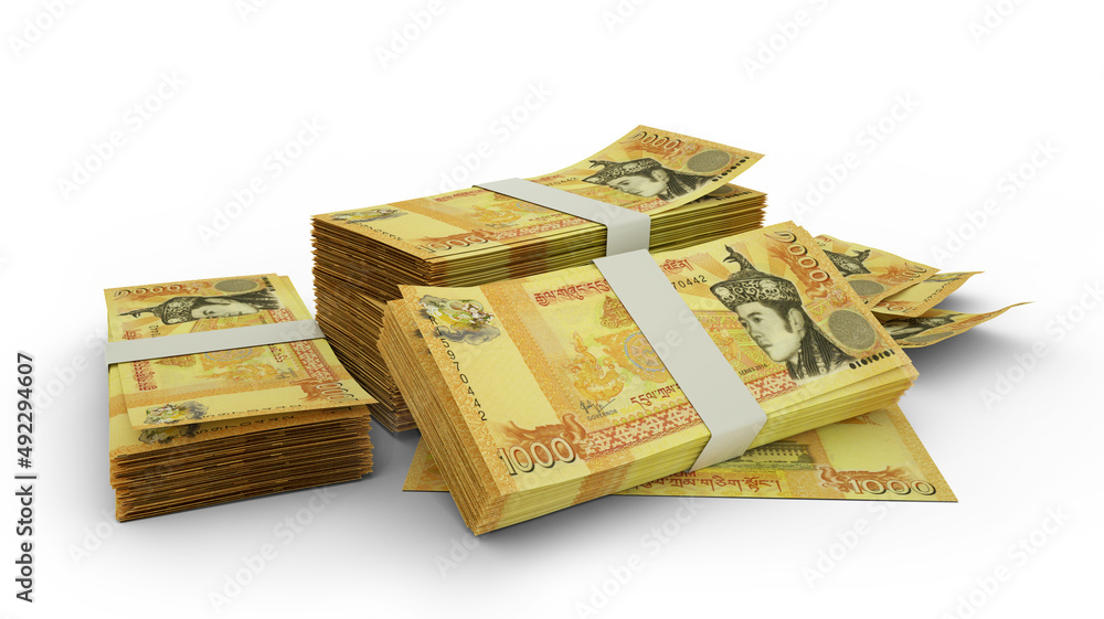 3d rendering of Stack of Bhutanese ngultrum notes. bundles of Bhutanese ...