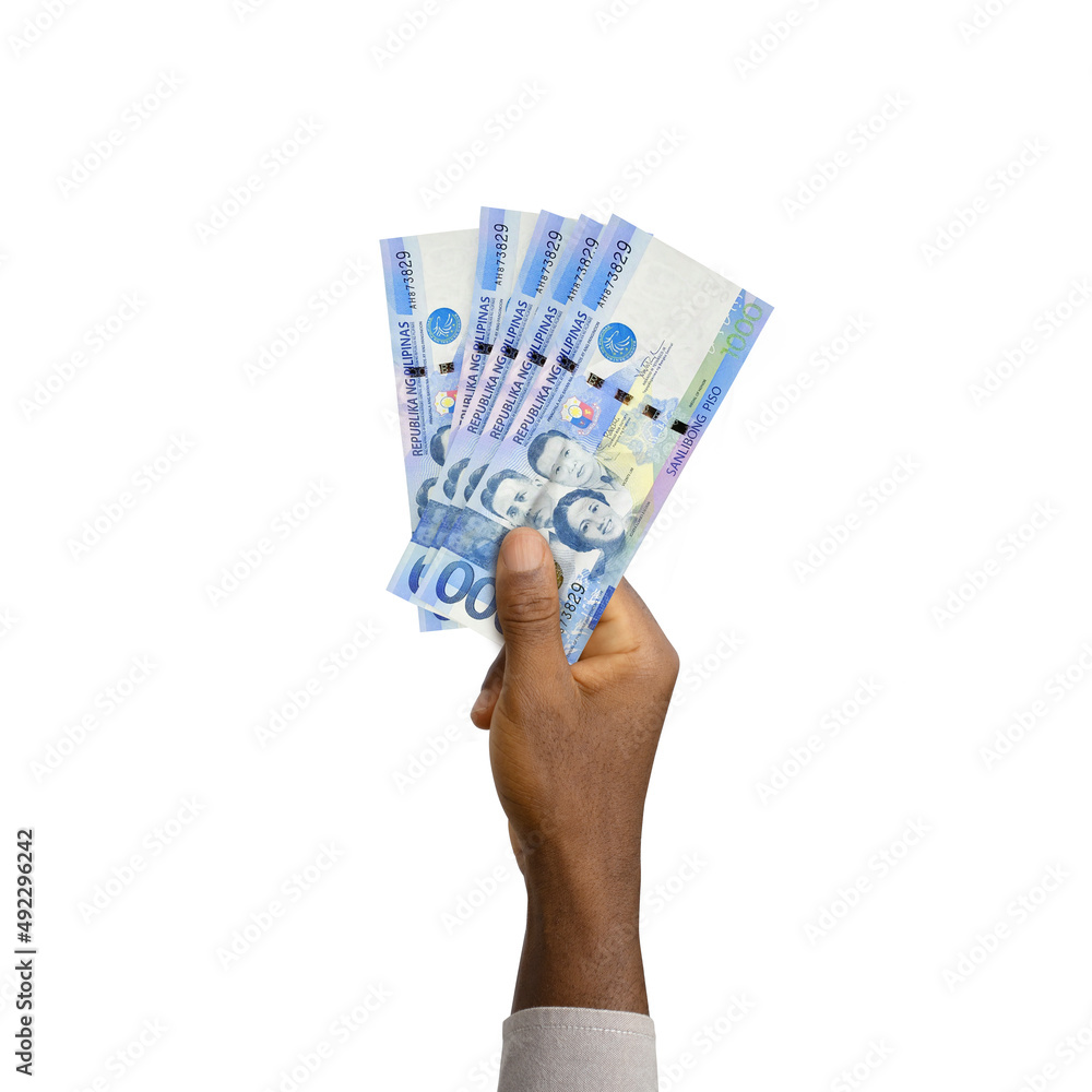 Black Hand holding 3D rendered 1000 Philippines peso notes isolated on ...