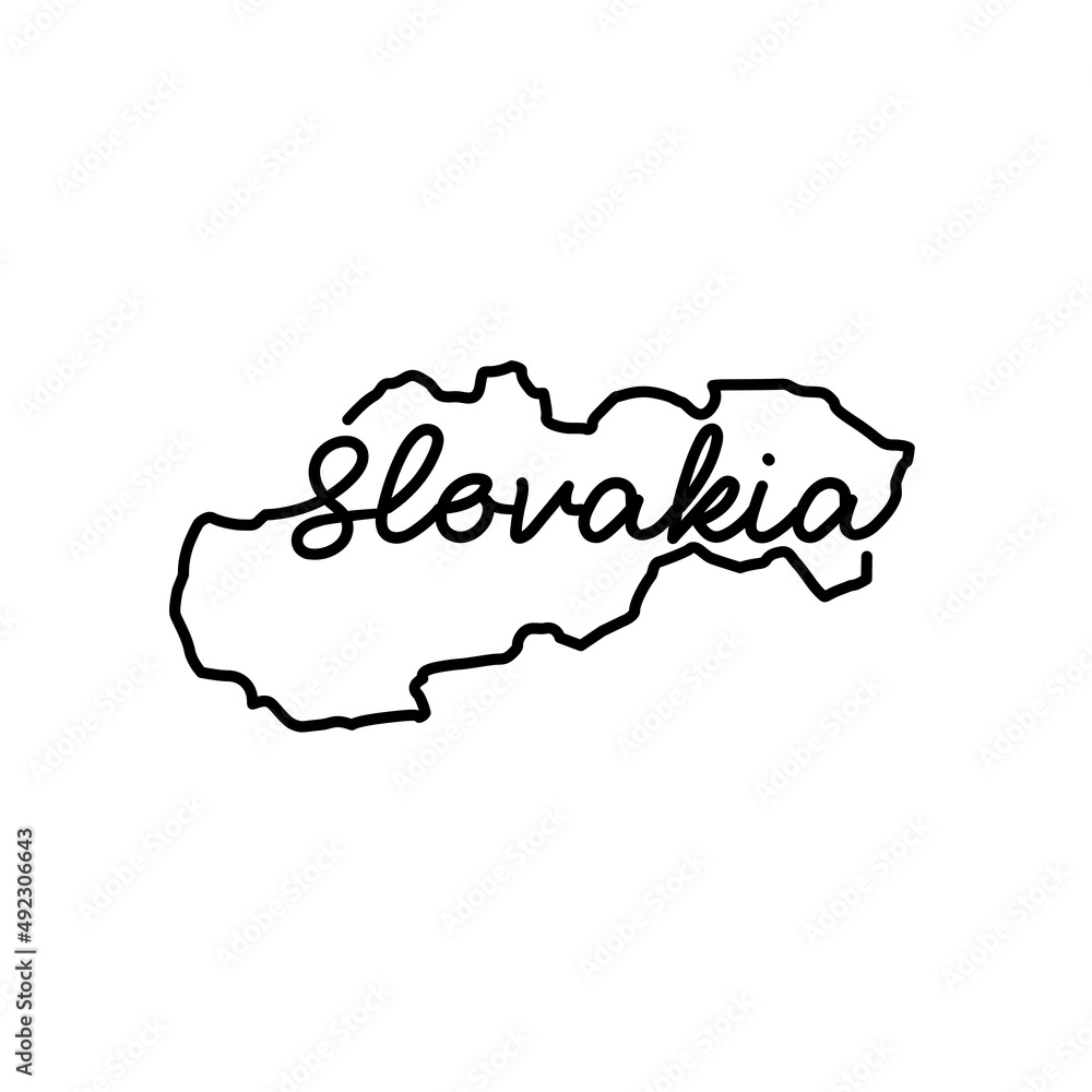 Slovakia outline map with the handwritten country name. Continuous line ...