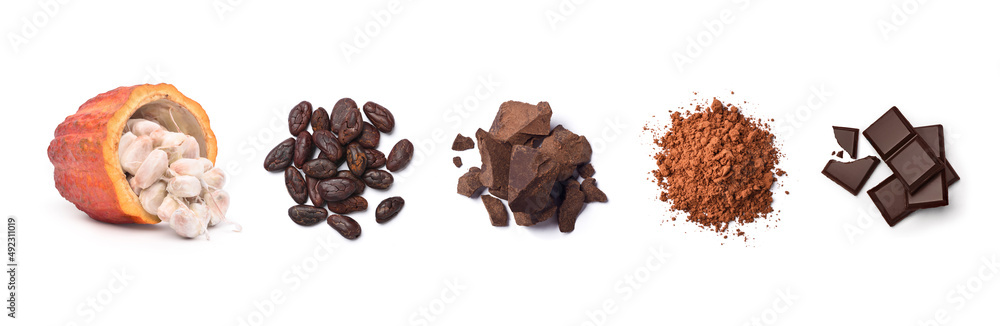 Chocolate ingredients in wooden bowls, cocoa beans, chocolate mass ...