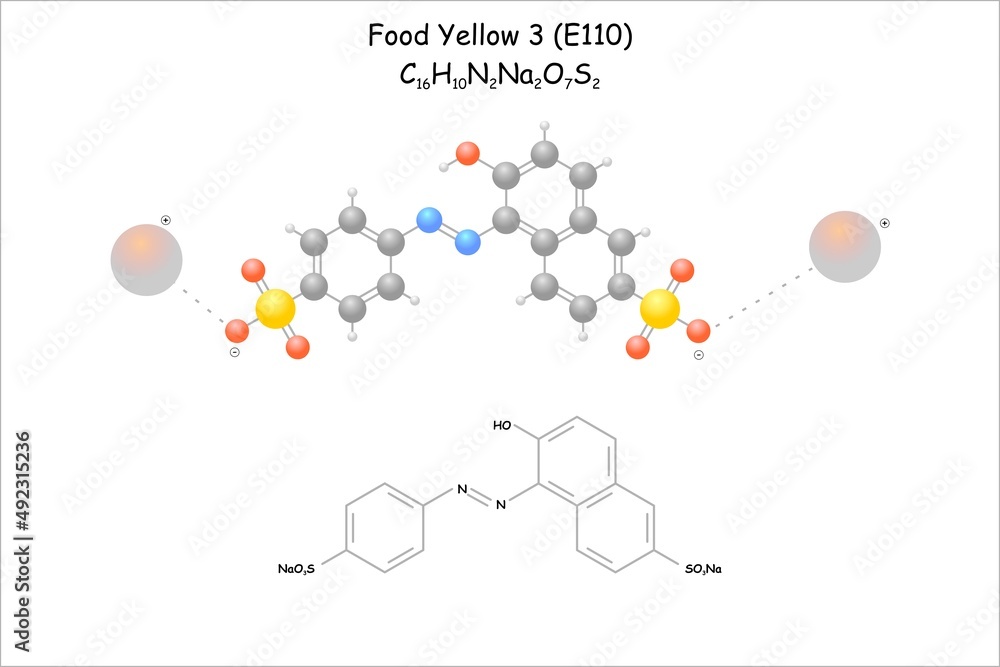 Molecule model and skeletal formula of the azo dye C.I. Food Yellow 3 ...