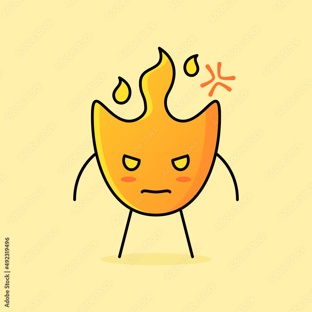 cute fire cartoon with angry expression.orange and yellow. stand and ...