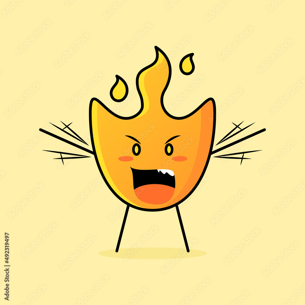 cute fire cartoon with angry expression. mouth open and hands shaking ...