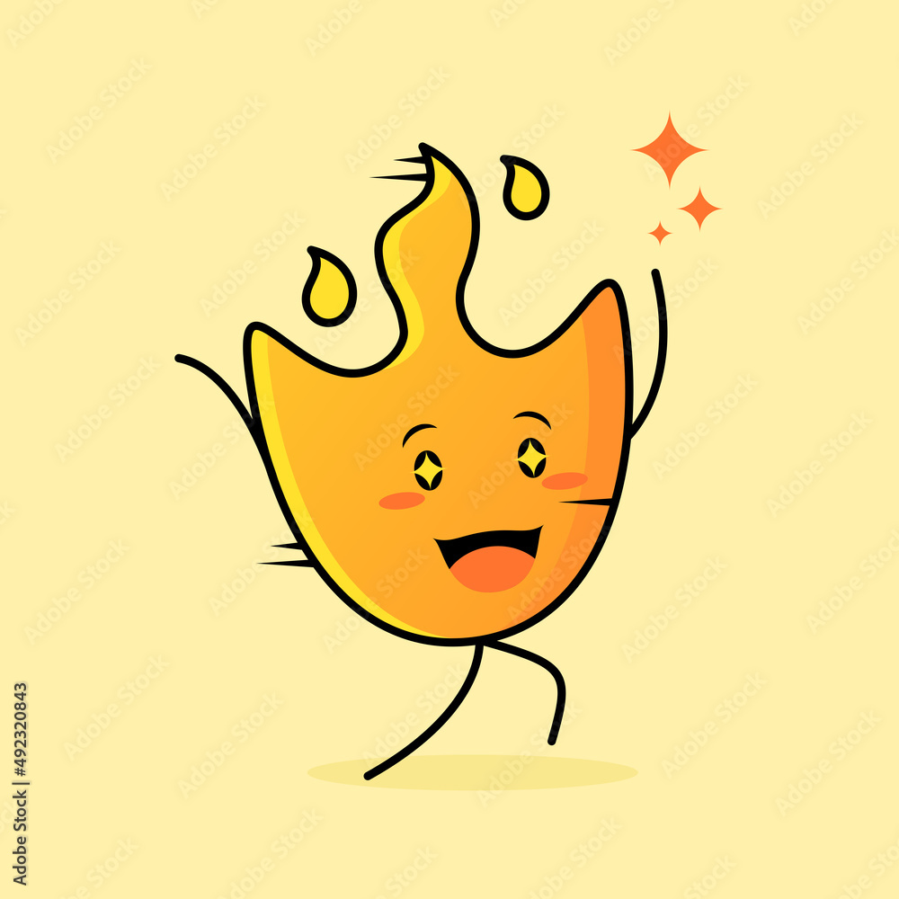 cute fire cartoon with happy expression. run, two hands up and ...