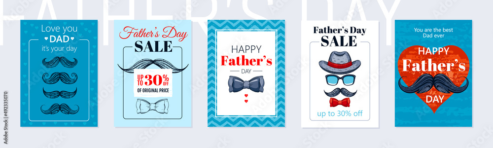 Happy Fathers day cards and sale flyers with sketch mustache, tie, hat ...