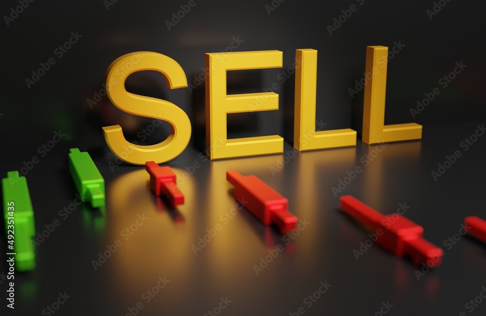 SELL sign on a dark background with charts of Japanese candlesticks ...