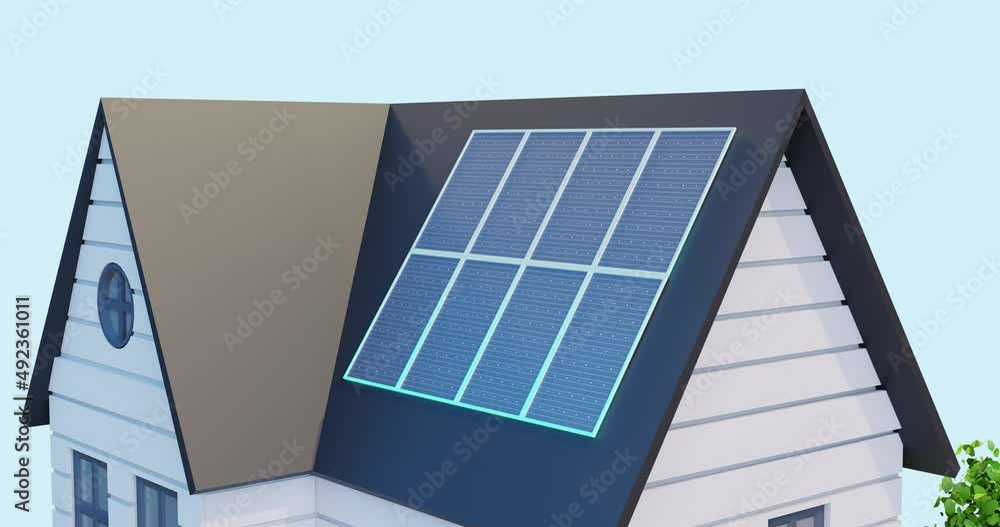 3d animation A simple house with solar panels on top, on the roof ...