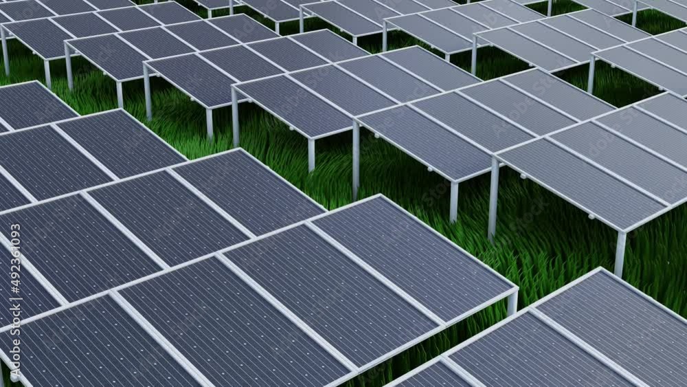 3d animation of a flight over a stylized solar farm, solar battery ...