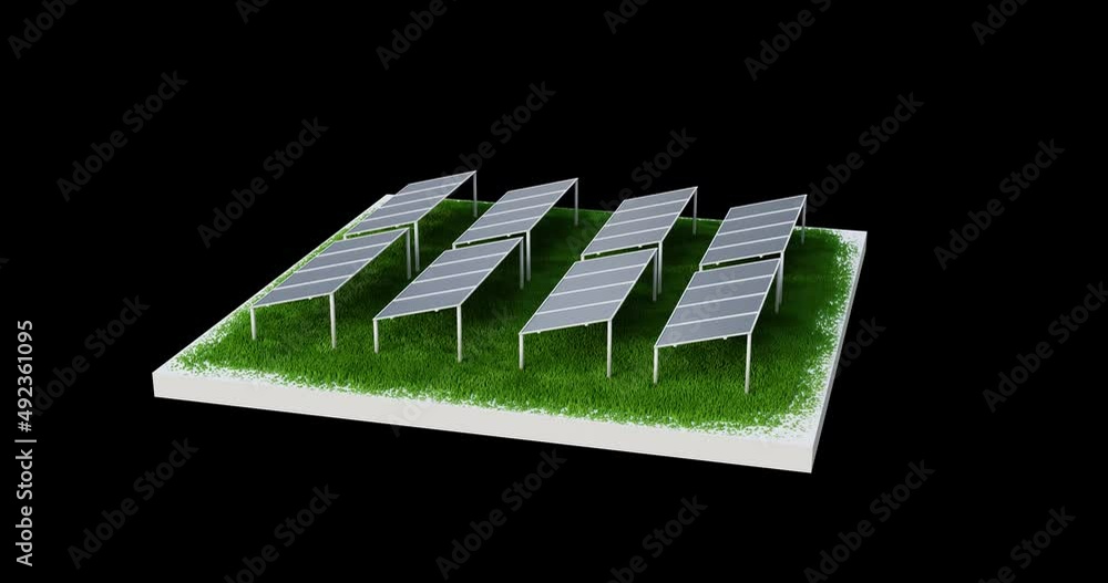 3d 360-degree looped animation of a stylized solar farm, solar battery ...