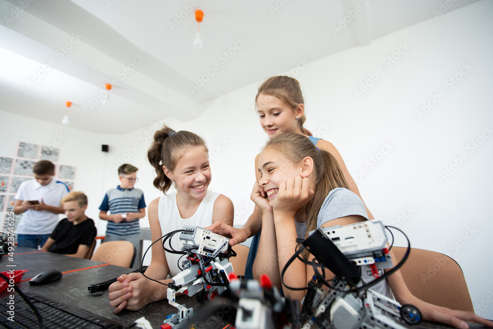 Education, children, technology, science and people concept - group of ...